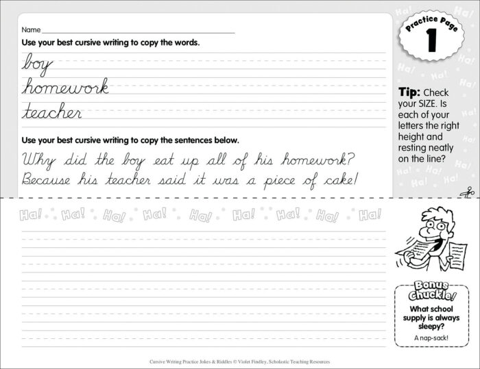 Letter Size (focus words: boy, homework, teacher): Cursive Writing ...