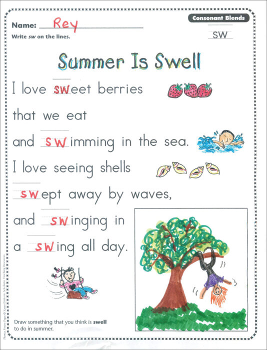 Summer Is Swell (Consonant Blends - sw): Phonics Poetry Page by